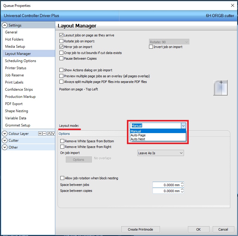 What's the difference between the Layout modes in Queue Properties, Layout Manager